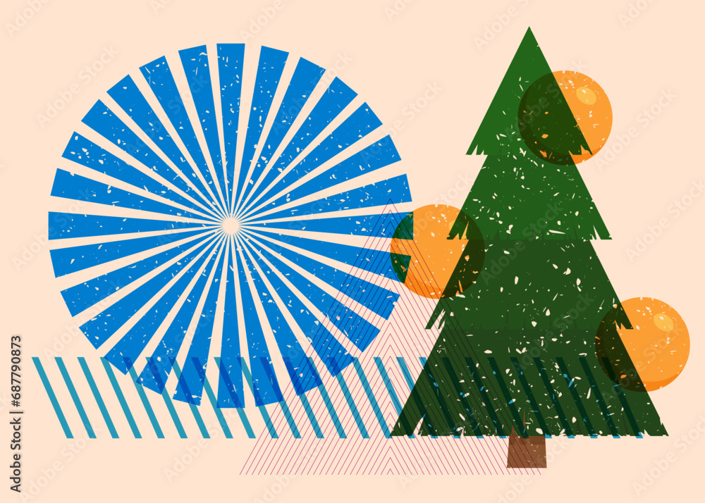 Risograph Christmas Tree with geometric shapes. Pine tree and objects ...