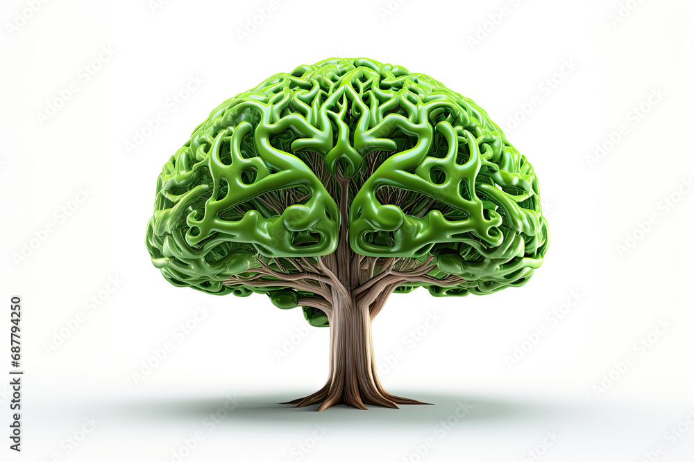 medical illustration of a green tree-shaped brain isolated on white ...