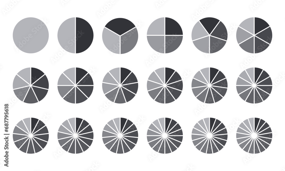 Circles divided into parts from 1 to 18. Black round chart for ...