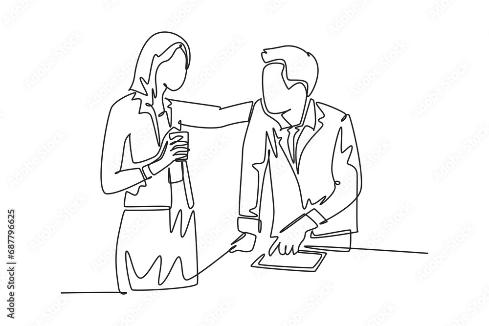 Continuous one line drawing young successful male and female employees ...