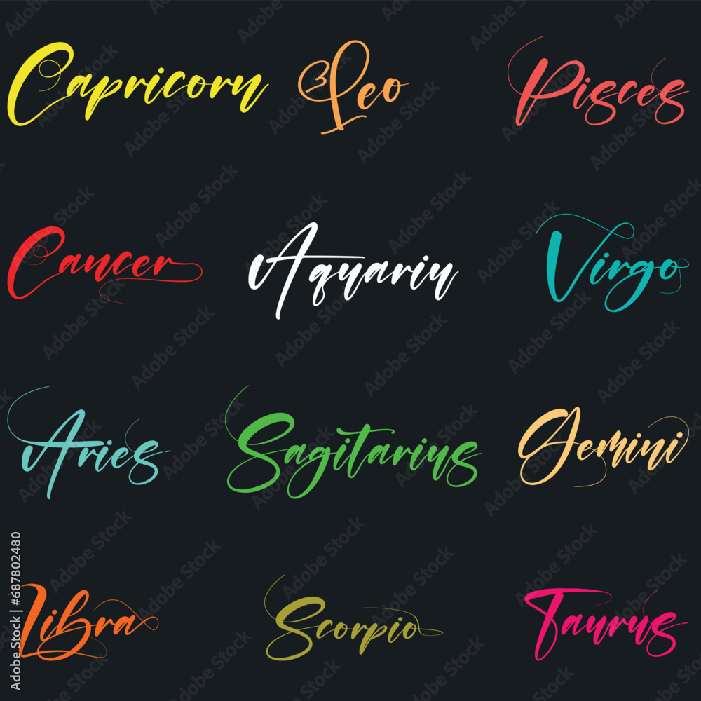 set calligraphic zodiac names, set zodiac name hand lettering, Handwritten set of vector zodiac ...