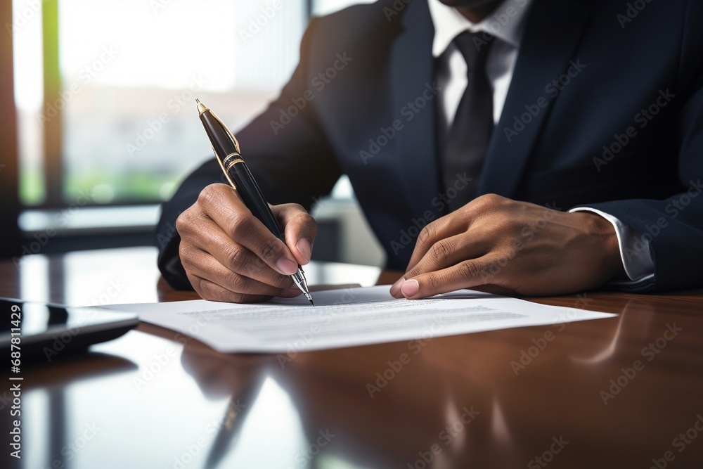 Ejecutivo en traje formal firmando papeles de negocios con pluma ...