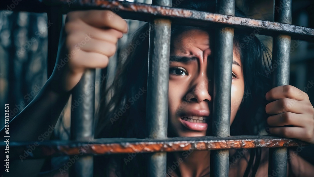 Foto de The woman ran into prison bars in horror. The pain and ...