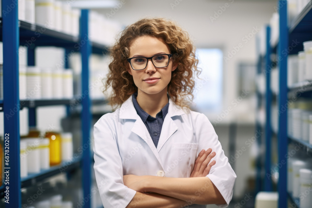Woman wearing lab coat standing in front of shelves. This image can be ...