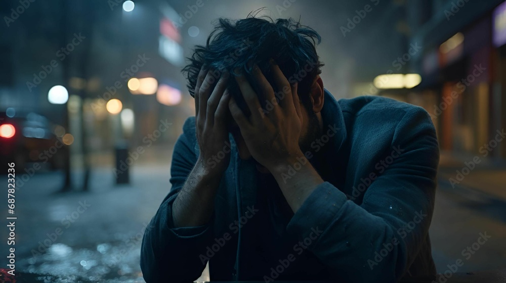 AI generated illustration of a male covering his face with his hands in ...