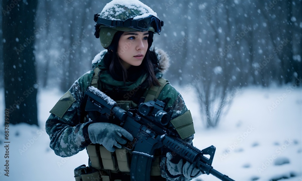 A beautiful brunette soldier girl, wearing winter camo military gear ...