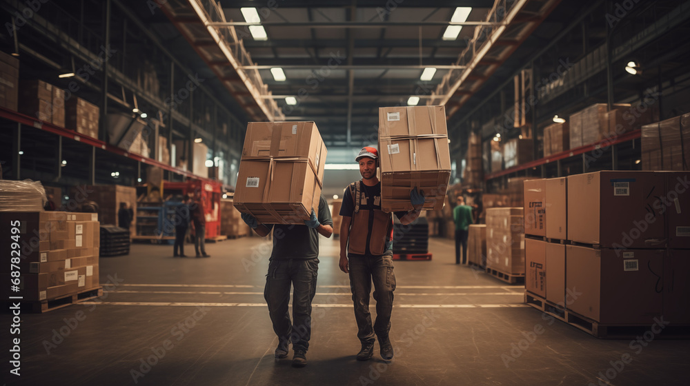 Warehouse workers in the warehouse. Two men carry the larger container ...
