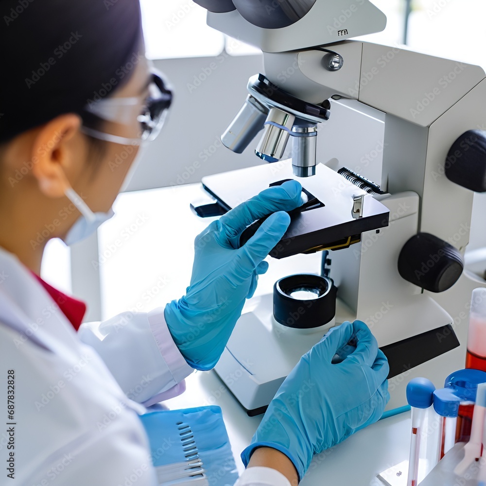 scientist looking through microscope Light microscope. Examination of ...