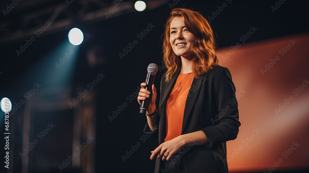 Redhead ginger caucasian businesswoman delivering a powerful keynote ...