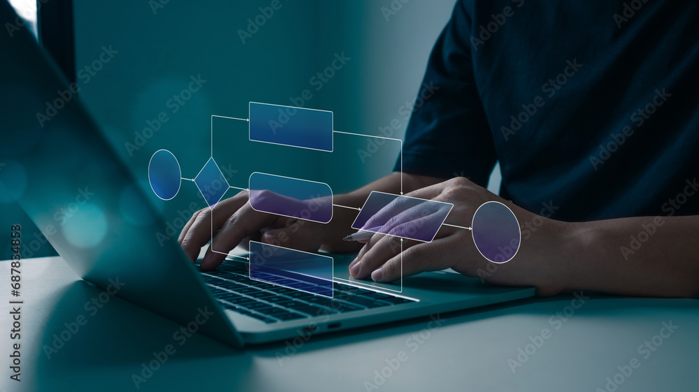 Businessman using computer show workflow automation with flowchart ...