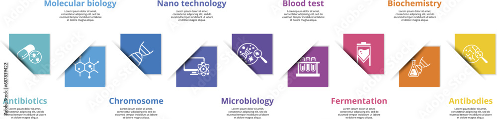 Infographics with Bioengineering theme icons, 10 steps. Such as ...