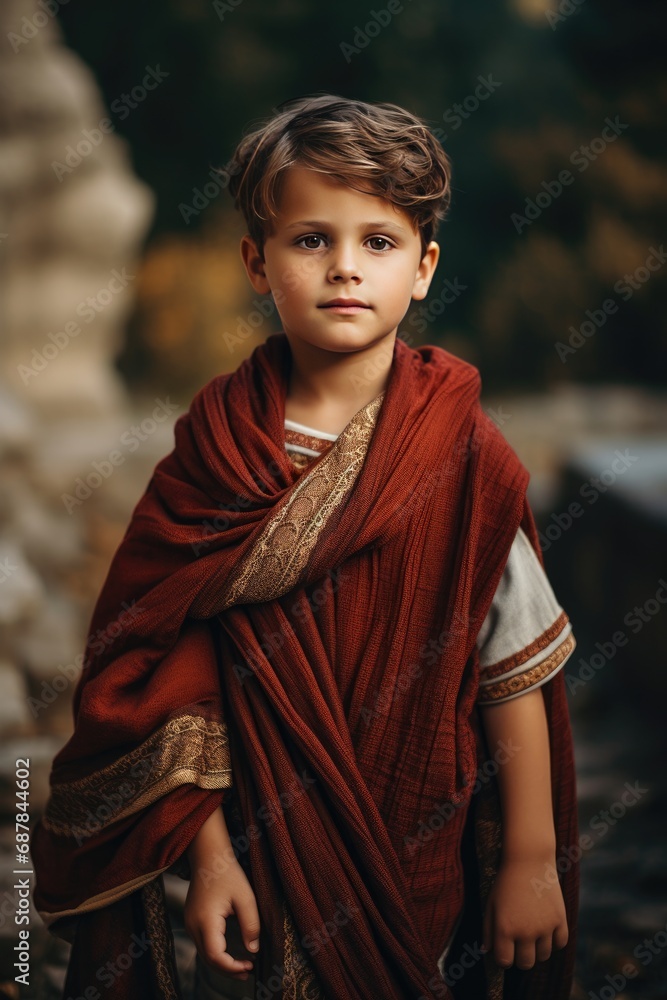 A little kid boy child wears ancient aged Roman clothing. Generative AI ...