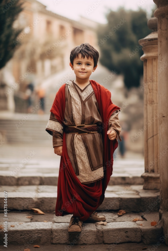 A little kid boy child wears ancient aged Roman clothing. Generative AI ...
