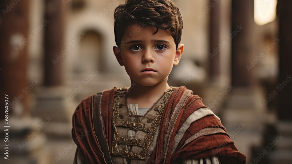 A little kid boy child wears ancient aged Roman clothing. Generative AI ...