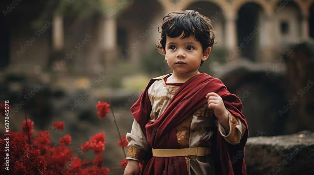 A little kid boy child wears ancient aged Roman clothing. Generative AI ...