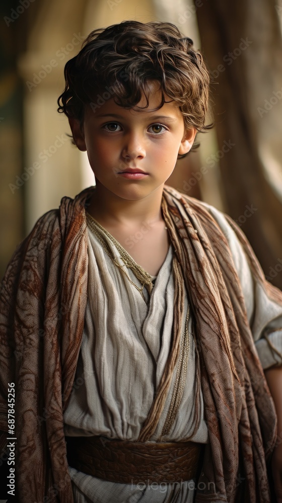 A little kid boy child wears ancient aged Roman clothing. Generative AI ...