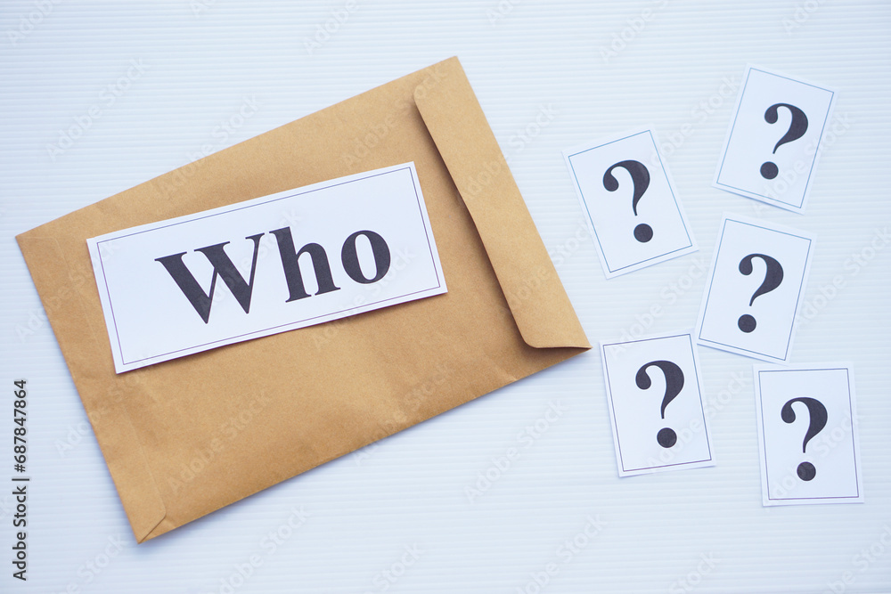 Word cards with question word Who on brown envelope and cards of ...