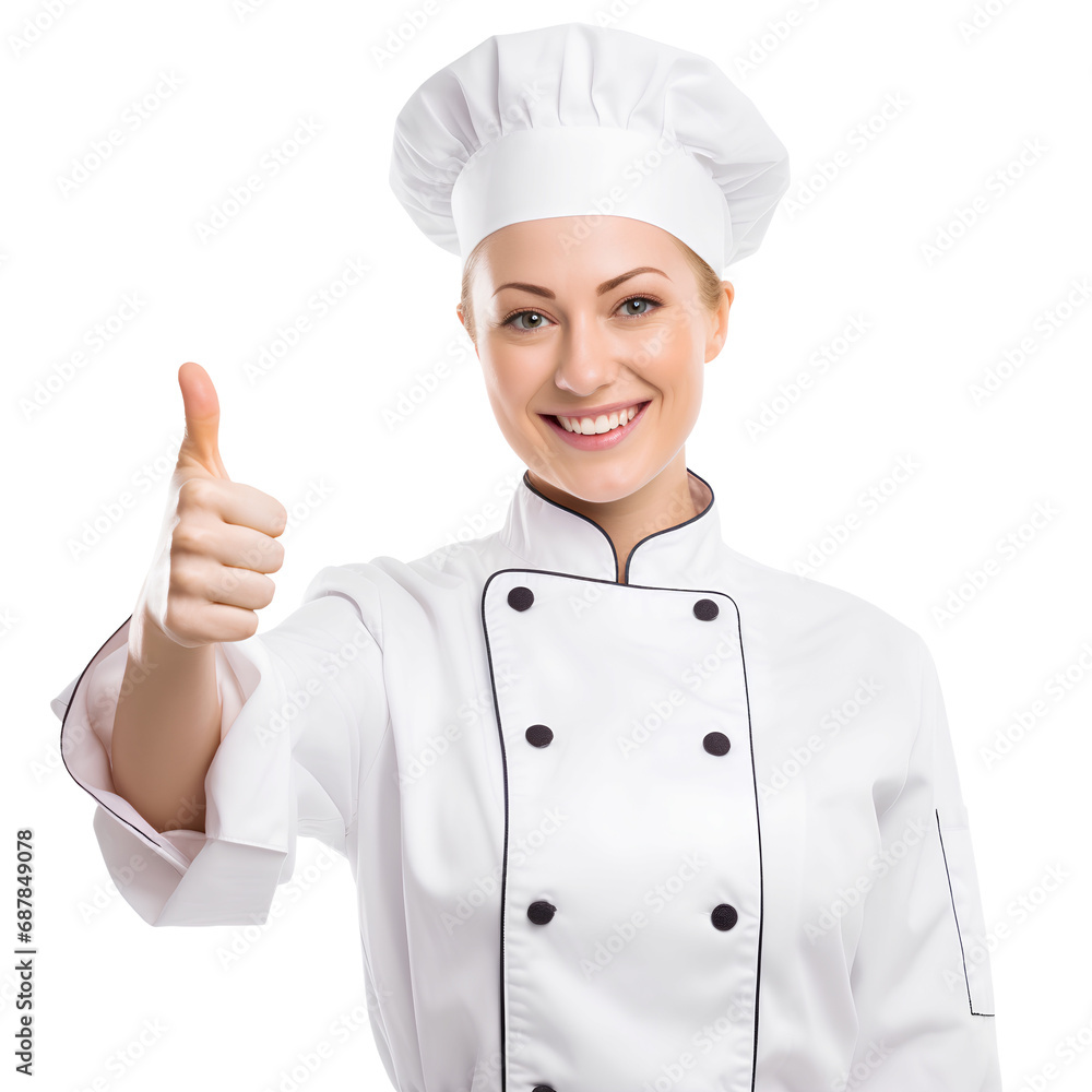 Chef cooking woman gives excellent thumbs up hand on transparent ...