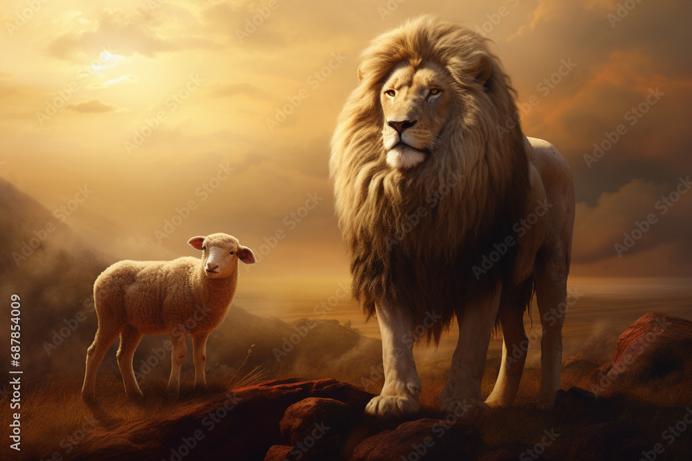 Biblical Harmony: Lion and Lamb Parable Depicting Divine Unity Stock ...