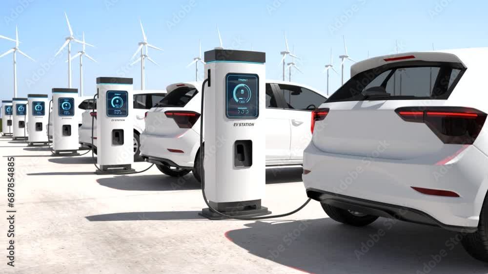 Electric cars charge the battery at the EV charging station, Clean energy filling technology ...