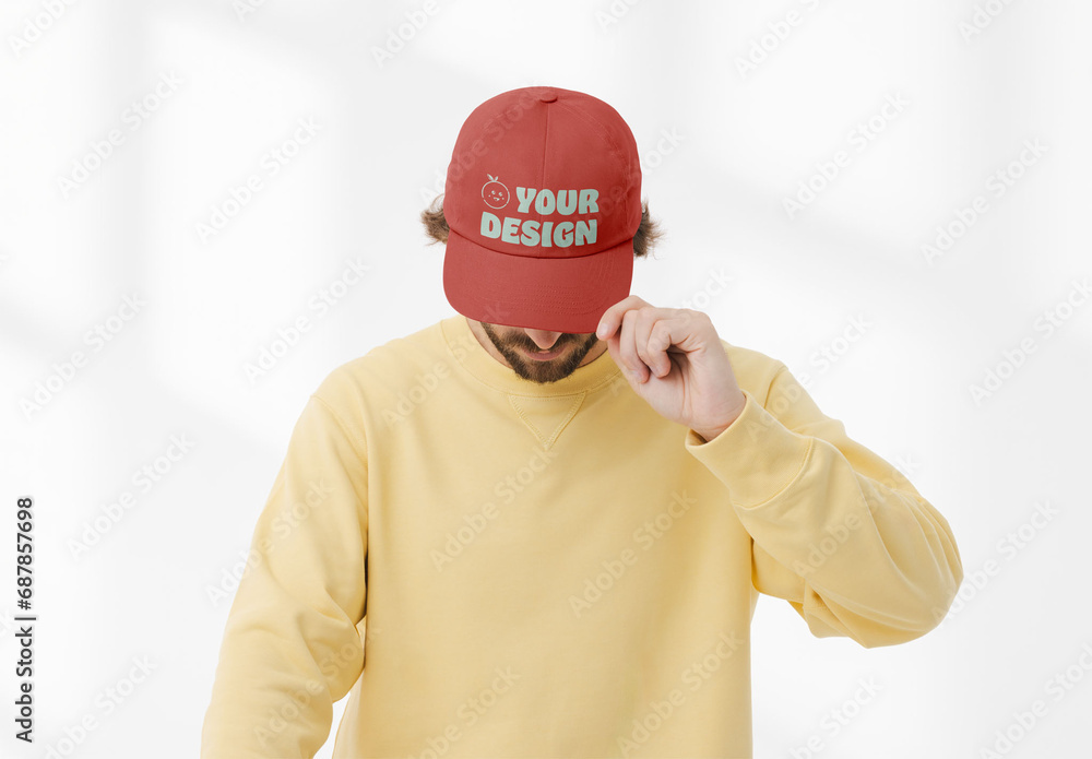 Mockup of man wearing customizable cap pulling peak down Stock Template ...