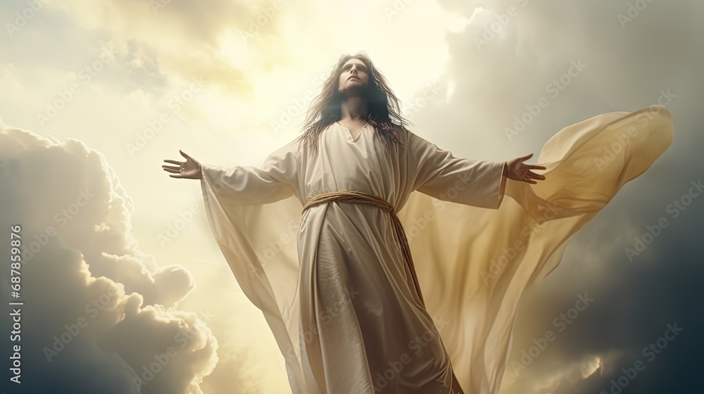 Jesus in robe stands with hands wide raised to heaven calling on people ...