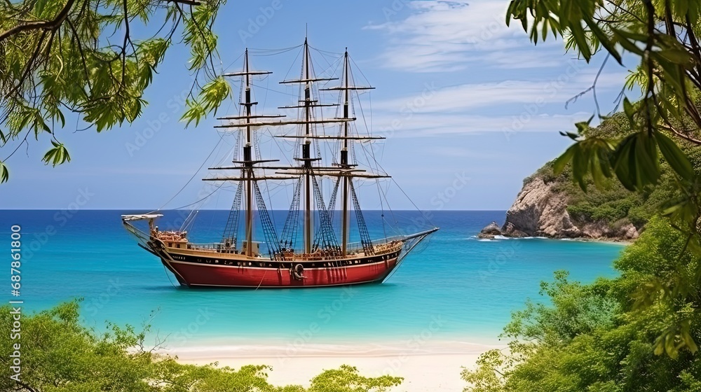 Pirate ship drifts on azure sea during calm arriving to coast. Pirate ...