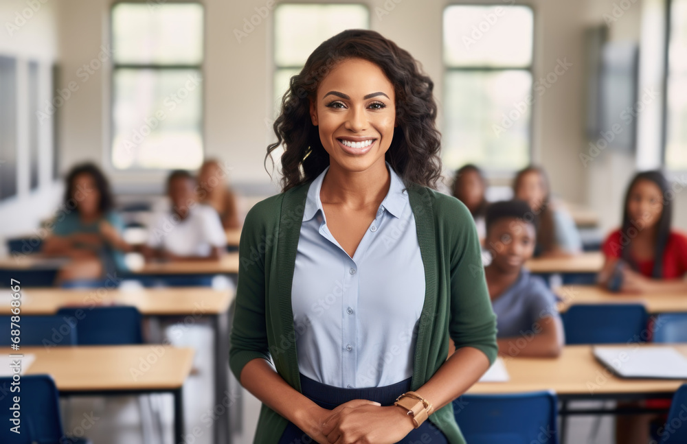 Portrait of black woman teacher with students learning in classroom ...