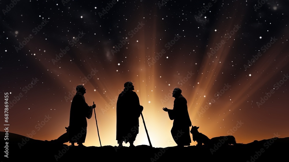 Silhouettes of ancient shepherds with goat looking into sky at ...