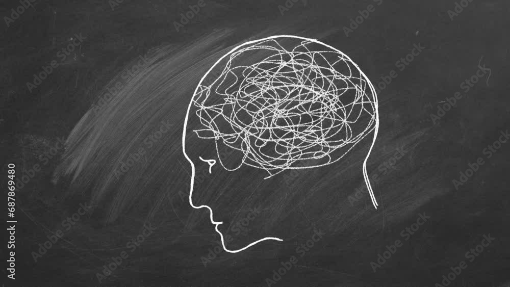 Silhouette of human head with tangled line inside instead of a brain ...