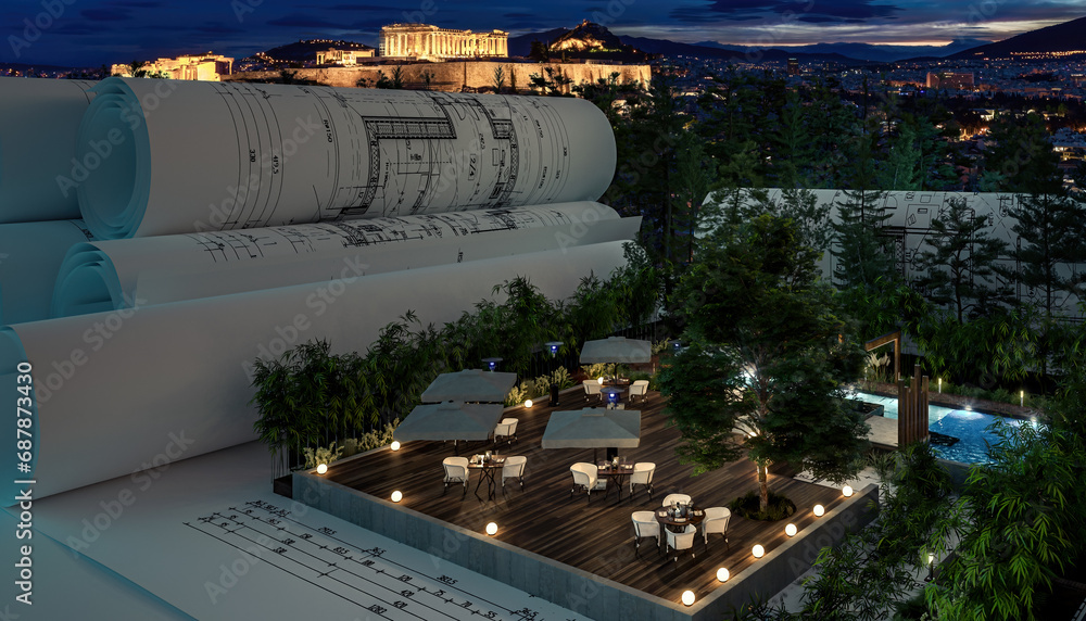 Draft of an Outdoor Patio Restaurant Illuminated by Acropolis of Athens ...