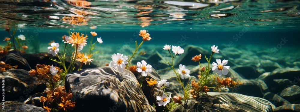 underwater of river natural landscape with stone pebble and water tree ...