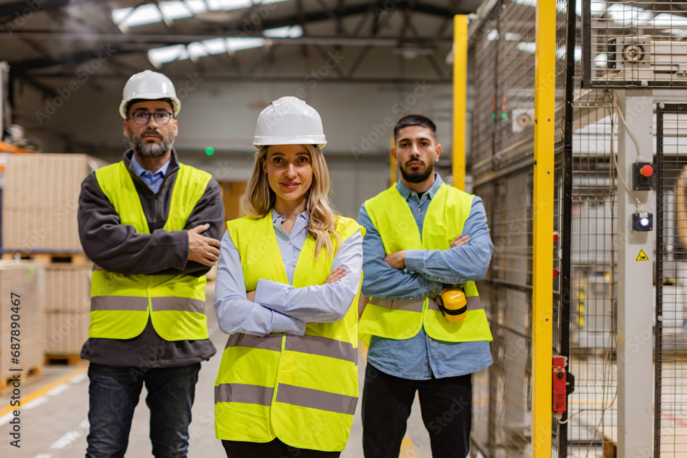Portrait of team of warehouse employees standing in warehouse. Team of ...
