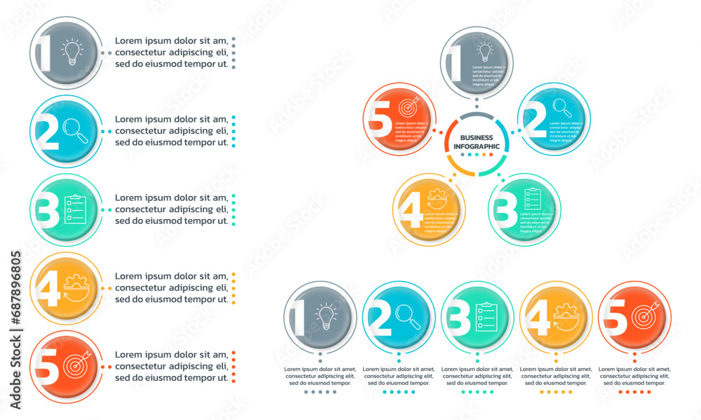 5 step chart, process diagram set. Business presentation layout ...