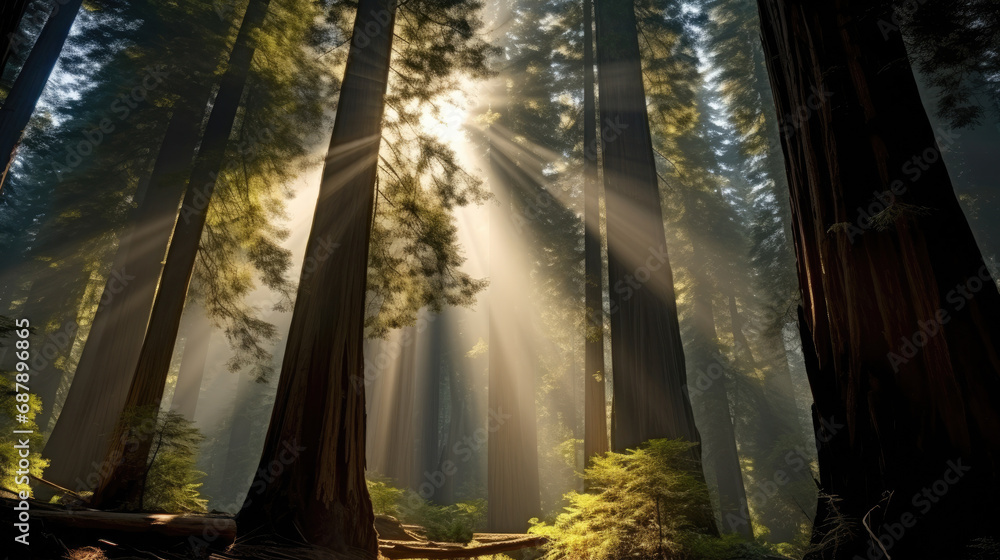 the sun shines through redwood trees with fog, Sunlight through redwood ...