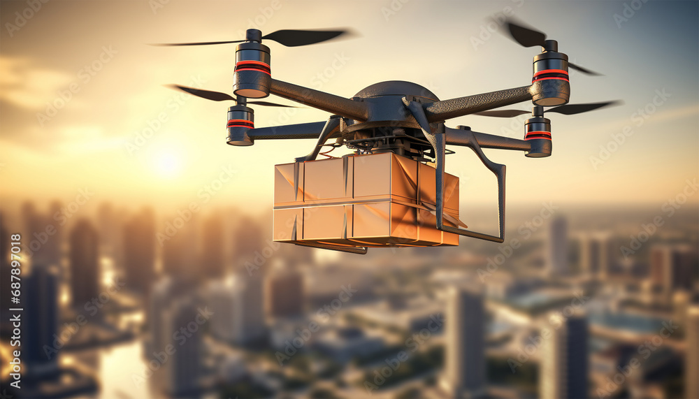 Drone delivery flying with package in the city. UAV drone delivery ...