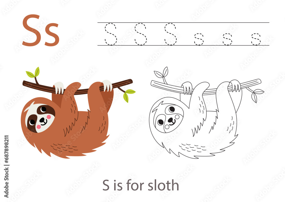 Tracing alphabet letters with cute animals. Color cute sloth. Trace ...
