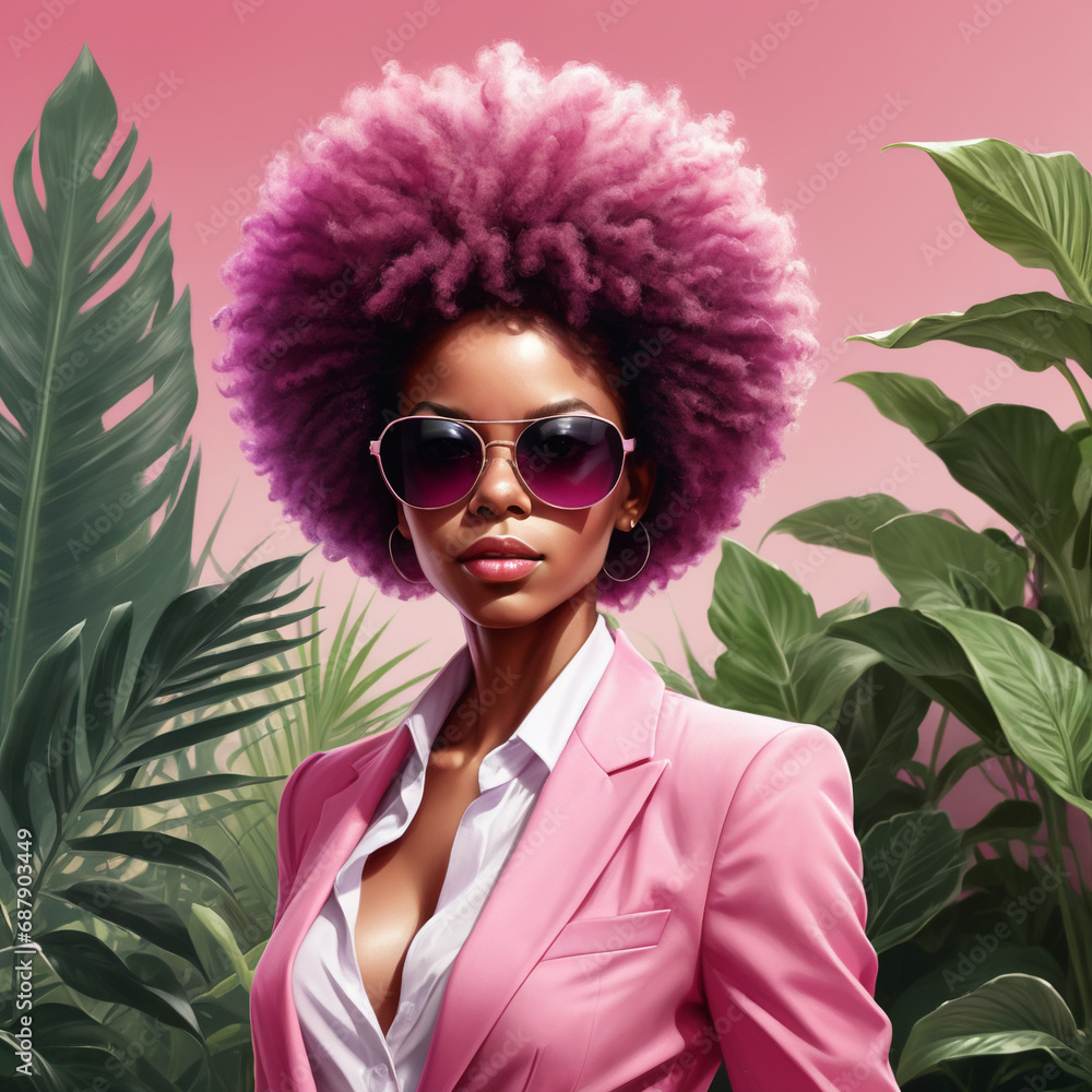 portrait an afro woman in 80s style wearing a pink suit and sunglass ...