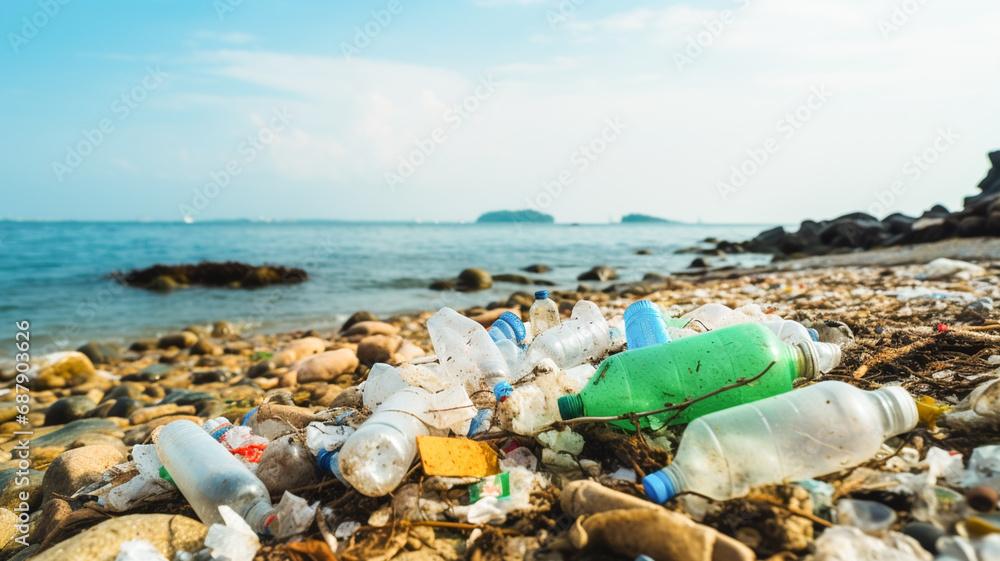 Dirty plastic bottles and bags on a garbage. Ocean pollution, plastic ...