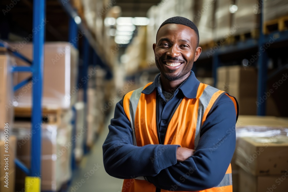 African Worker Stands Among Stacked Shelves In Warehouse. Сoncept ...