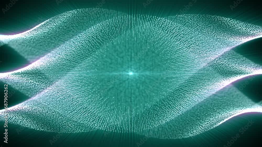 Looping abstract animation of glowing blue green particle waves with a circular field around a ...