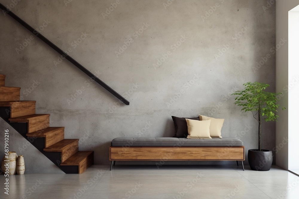 Loft interior design of modern entrance hall with stairs and bencLoft ...