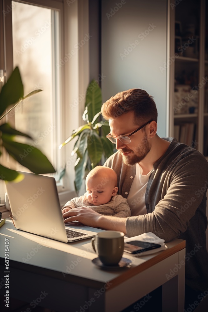 Man working remotely at home with baby. Father using laptop with his ...