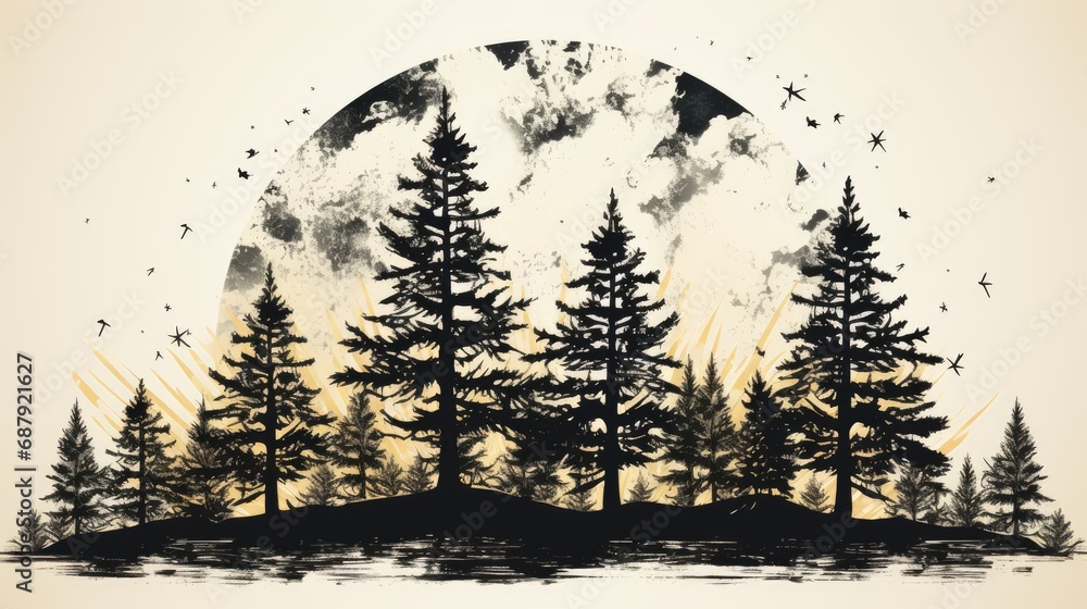 Woodcut Print Style of a Winter (Christmas) Scene with Trees and ...