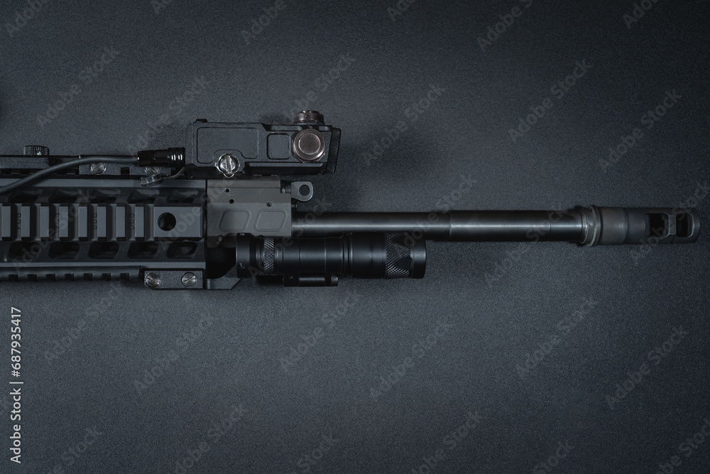 Firearms. AR 15 rifle barrel with mounted laser sight and tactical ...