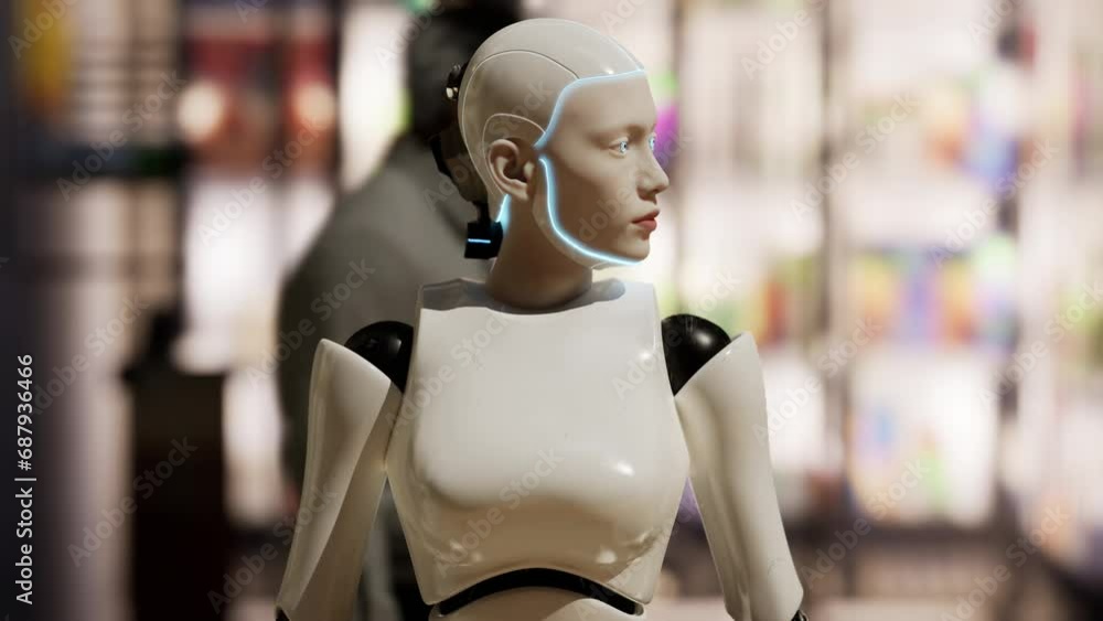 female robot staying on a street in a big city and looking around ...