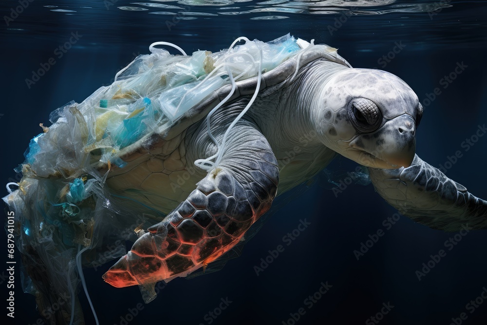 Turtle with plastic bags in the ocean, Concept of environmental ...