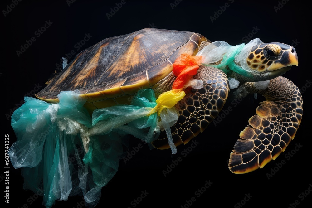 Turtle with plastic bags isolated on black background, Plastic ...