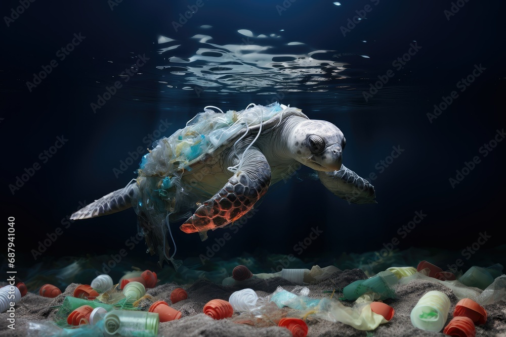 Sea turtle with plastic garbage in the ocean, water Pollution concept ...