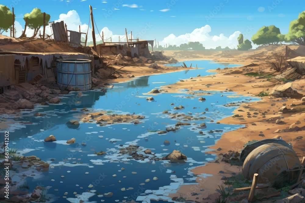 3D rendering of a desert landscape with a river full of waste, water ...